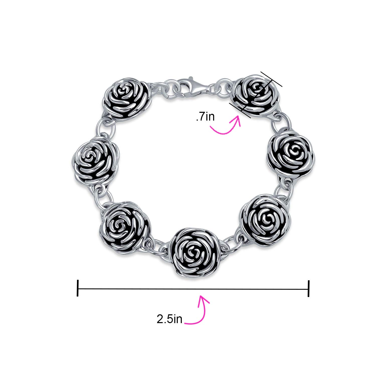 Antiqued Finish Large Statement 3D Garden Flower Black Rose Bracelet For Women Girlfriend Oxidized .925 Sterling Silver 7.5 Inch