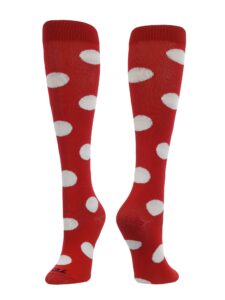 tck krazisox polka dot over the calf socks (scarlet/white, small)