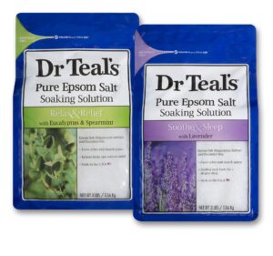 dr teal's epsom salt bath soaking solution gift set (eucalyptus and lavender 2 pack, 3lb each) - soothe and sleep & relax and relief - soothe achy muscles at home - pure epsom salts & essential oils