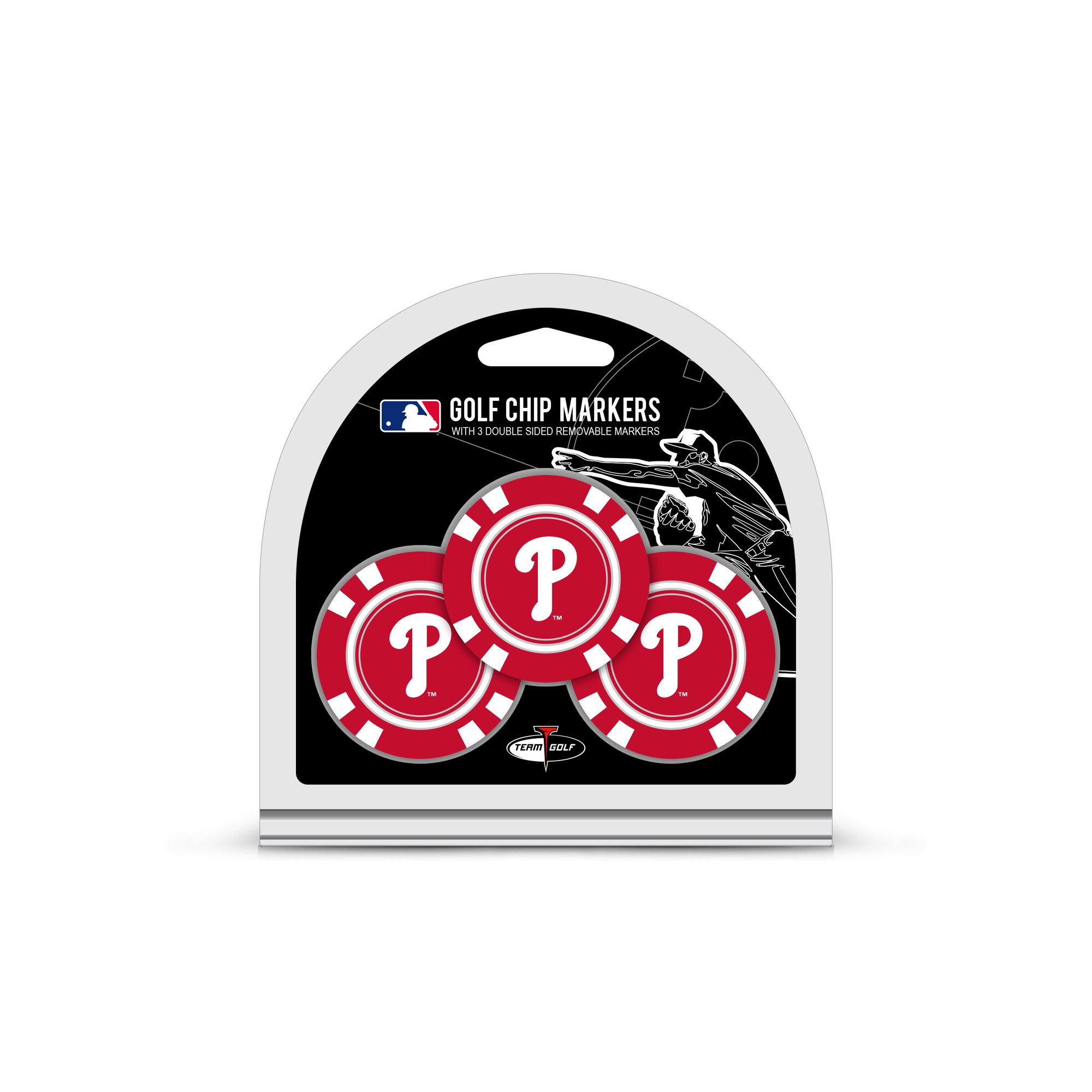 Team Golf MLB Philadelphia Phillies 3 Pack Golf Chip Ball Markers, Poker Chip Size with Pop Out Smaller Double-Sided Enamel Markers