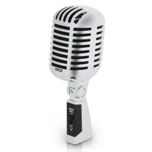 pyle classic retro dynamic vocal microphone - old vintage style unidirectional cardioid mic with xlr cable - universal stand compatible - live performance in studio recording - pdmicr42sl (silver)