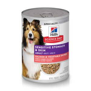 hill's science diet sensitive stomach & skin, adult 1-6, stomach & skin sensitivity support, wet dog food, salmon & vegetables loaf, 12.8 oz can, case of 12