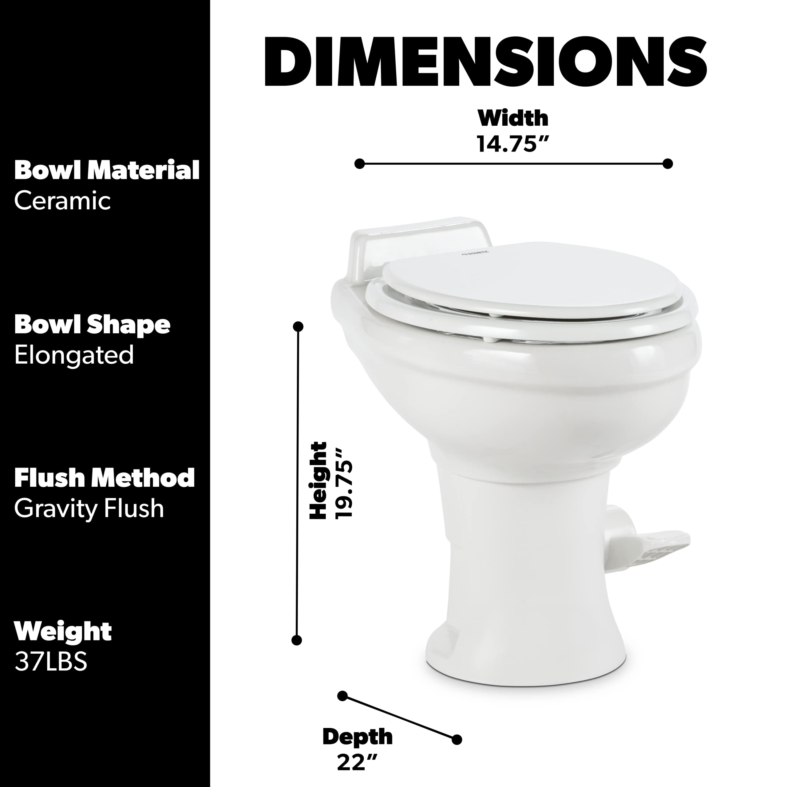 Dometic 320 RV Toilet | White | 302320081 | Standard Height | Gravity Toilet | Elongated Ceramic Bowl | Flush with Foot Pedal | For RVs, Trailers, and Outdoor Campers