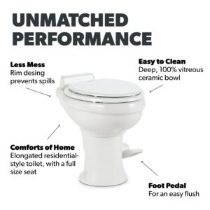 Dometic 320 RV Toilet | White | 302320081 | Standard Height | Gravity Toilet | Elongated Ceramic Bowl | Flush with Foot Pedal | For RVs, Trailers, and Outdoor Campers