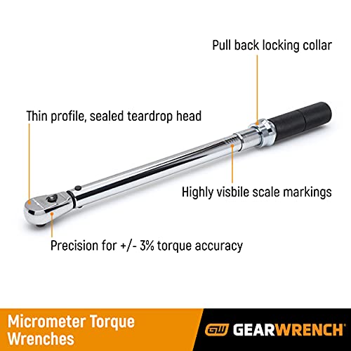 GEARWRENCH 3/8" Drive Micrometer Torque Wrench 10-100 ft/lbs. - 85062M , Black