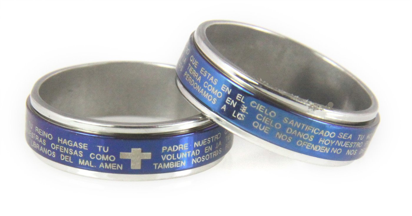 S31 Blue Stainless Steel Spinner Ring Spanish Our Father Lord's Prayer Padre Nuestro Jesus Christ (9)