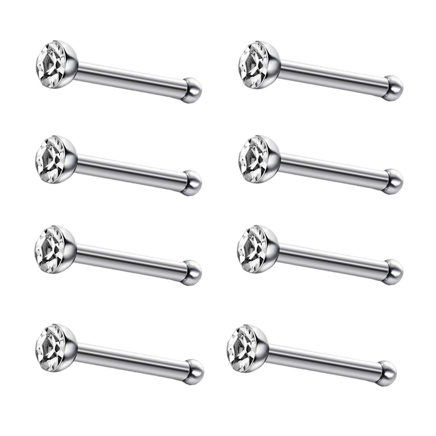 JEWELRIESHOP 40pcs Nose Studs Stainless Steel CZ Nose Rings Stud Piercing Jewelry Bone Studs for Women Men Hypoallergenic 22G (1.5mm, White CZ)