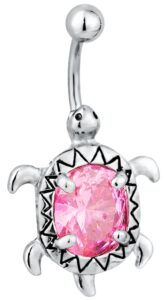 surgical steel pink jeweled cz sea turtle animal belly button ring