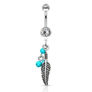 forbidden body jewelry surgical steel clear cz jeweled feather with simulated turquoise stone beads dangle belly ring