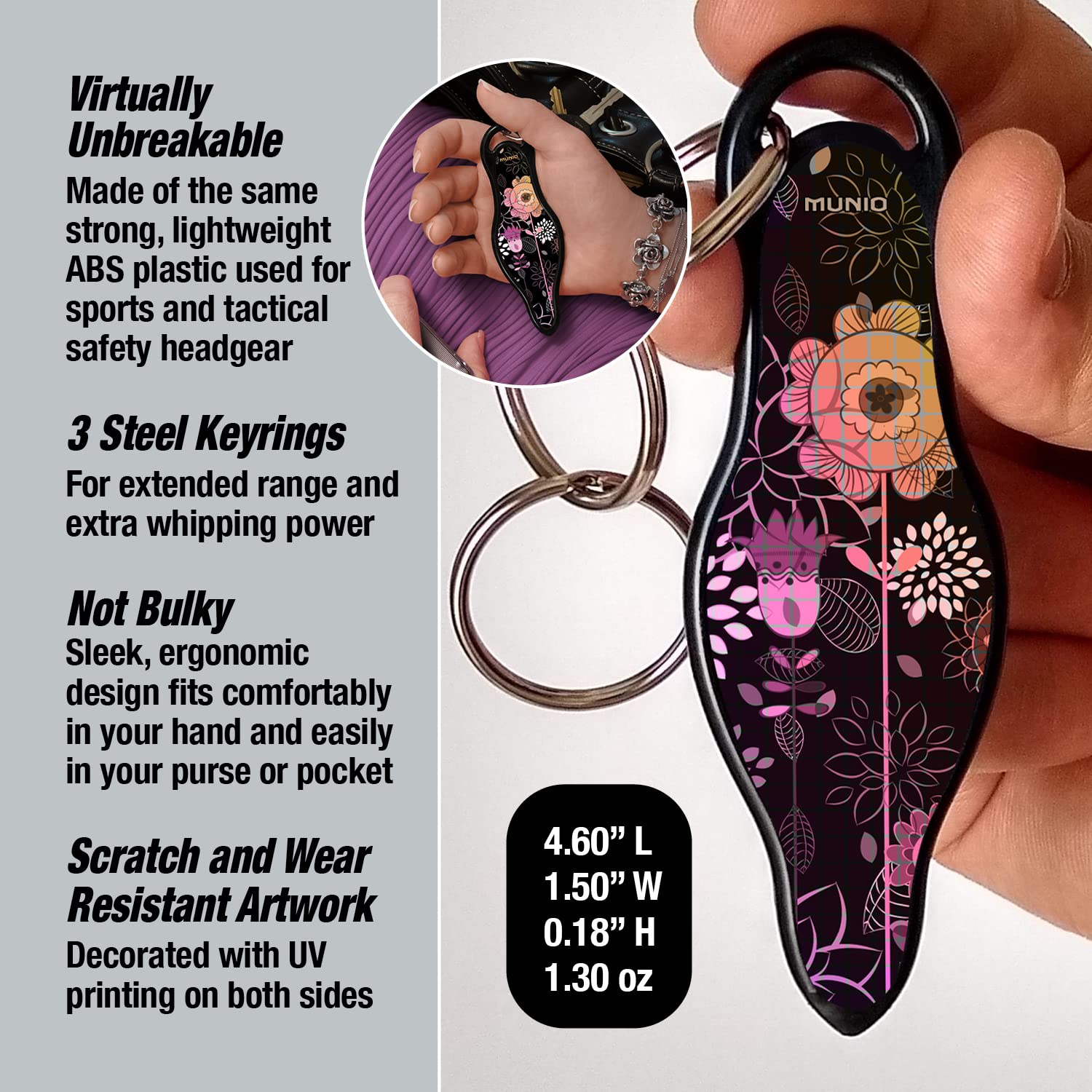 MUNIO Self Defense Keychain Kit – Personal Safety Device, Portable and Legal for Airplane Travel, TSA Approved, Made in the USA (Modern Flowers)