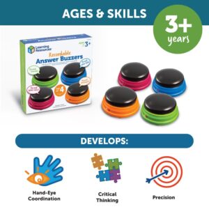 Learning Resources Recordable Answer Buzzers - Set of 4, Ages 3+ | Pre-K Personalized Sound Buzzers, Recordable Buttons, Game Show Buzzers, Perfect for Family Game and Trivia Nights