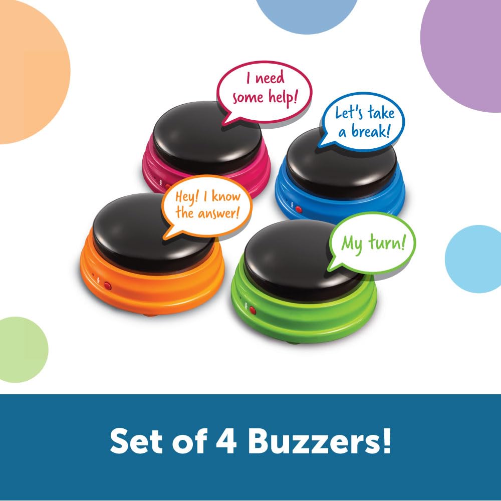 Learning Resources Recordable Answer Buzzers - Set of 4, Ages 3+ | Pre-K Personalized Sound Buzzers, Recordable Buttons, Game Show Buzzers, Perfect for Family Game and Trivia Nights