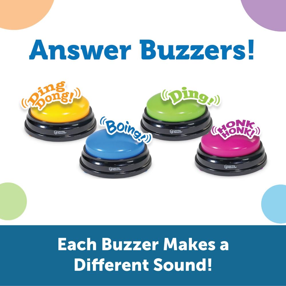 Learning Resources Recordable Answer Buzzers - Set of 4, Ages 3+ | Pre-K Personalized Sound Buzzers, Recordable Buttons, Game Show Buzzers, Perfect for Family Game and Trivia Nights