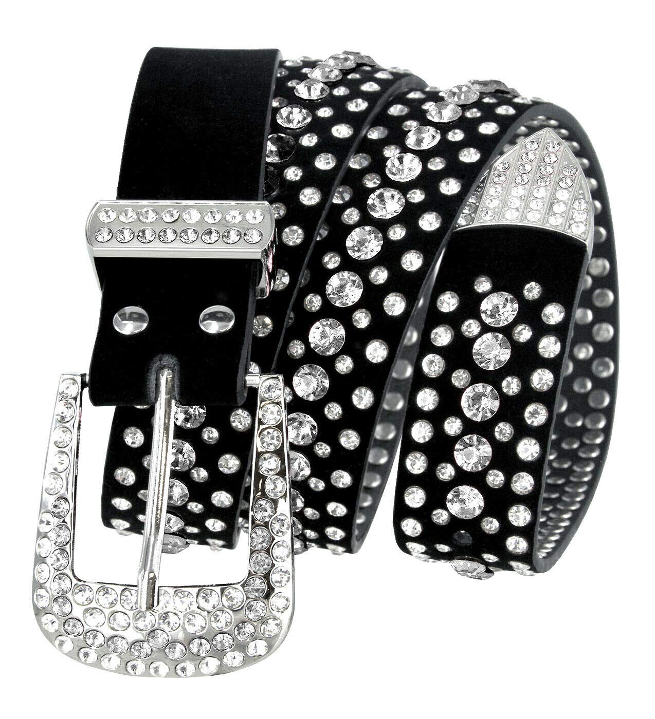 Women Rhinestone Belt Fashion Western Cowgirl Bling Studded Design Suede Leather Belt 1-1/4"(32mm) wide (Crystal, 34'' M)