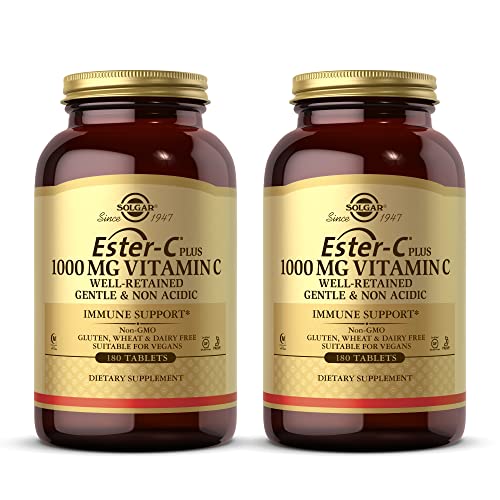 SOLGAR Ester-C Plus 1000 mg Vitamin C (Ascorbate Complex) - 180 Tablets, Pack of 2 - Gentle & Non Acidic - Supports Upper Respiratory Health - Non-GMO, Gluten Free - 360 Total Servings