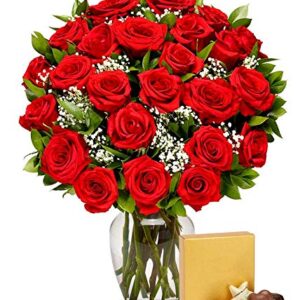 From You Flowers - Two Dozen Red Roses with Chocolates with Glass Vase (Fresh Flowers) Birthday, Anniversary, Get Well, Sympathy, Congratulations, Thank You