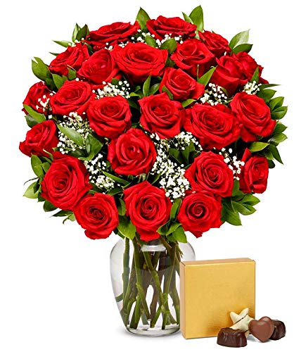 From You Flowers - Two Dozen Red Roses with Chocolates with Glass Vase (Fresh Flowers) Birthday, Anniversary, Get Well, Sympathy, Congratulations, Thank You