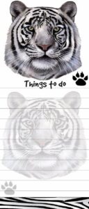 "white tiger magnetic list pads" uniquely shaped sticky notepad measures 8.5 by 3.5 inches