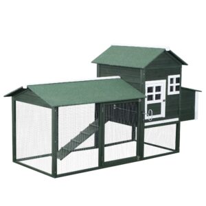 pawhut 84" wooden chicken coop, hen house outdoor with run nesting box, asphalt roof, removable tray, ramp, poultry cage for 2-3 chickens, green