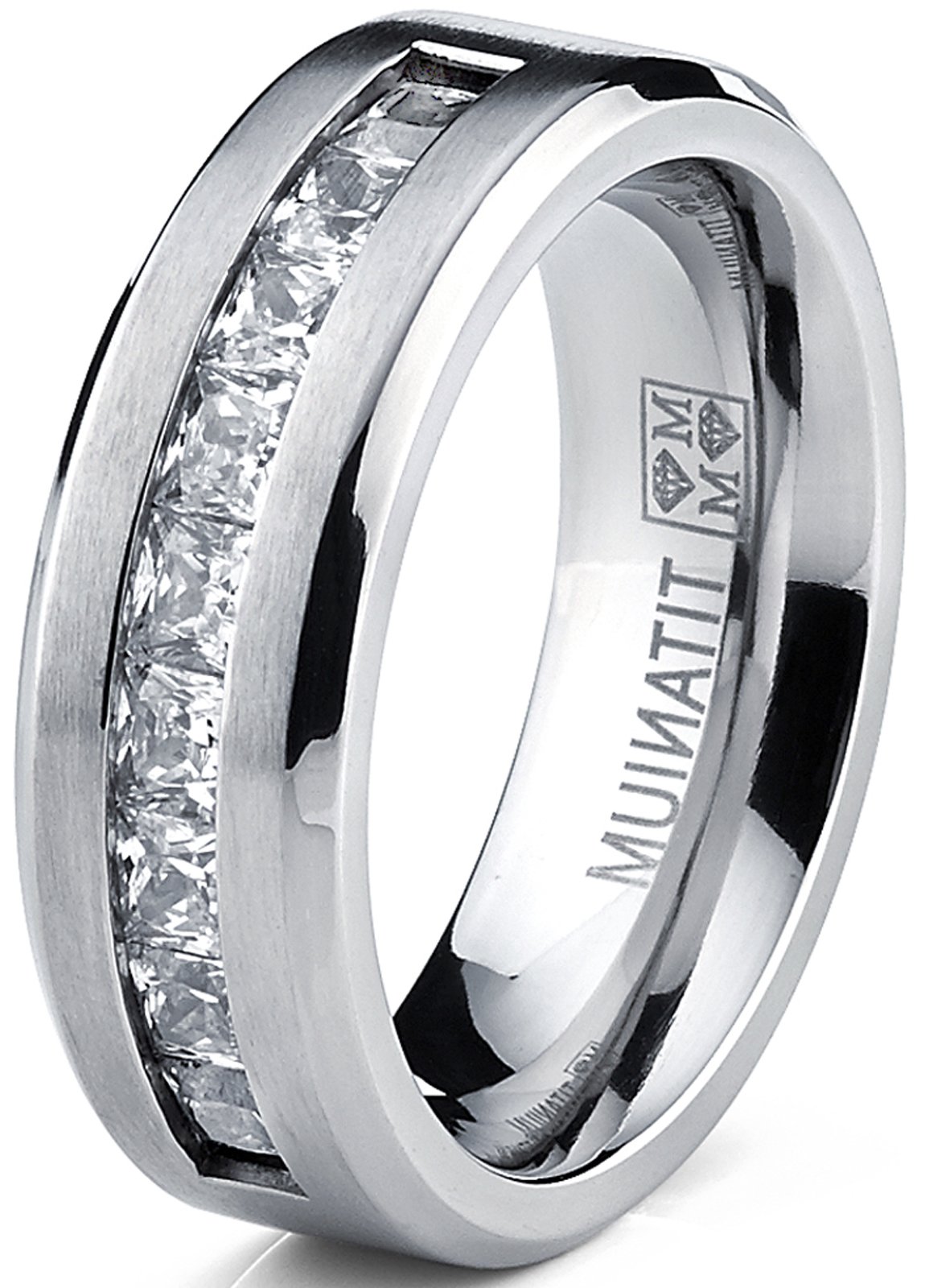 Metal Masters Titanium Men's Wedding Band Engagement Ring with 9 Large Princess Cut Cubic Zirconia Size 10