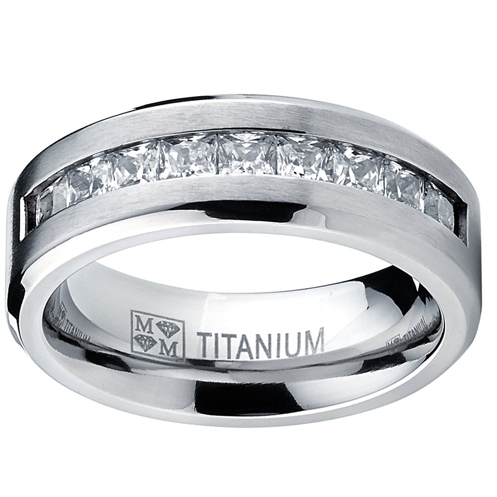 Metal Masters Titanium Men's Wedding Band Engagement Ring with 9 Large Princess Cut Cubic Zirconia Size 10