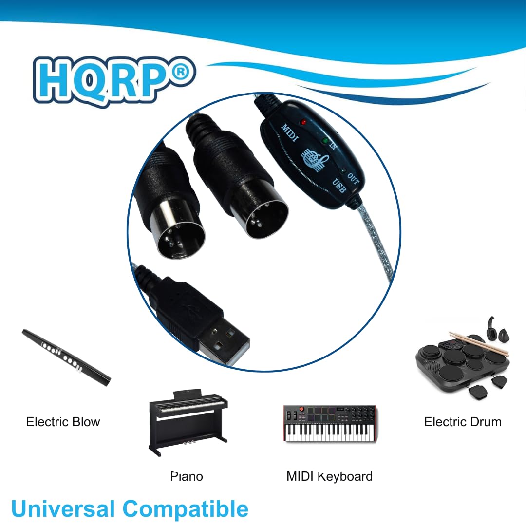 HQRP USB in-OUT MIDI Interface Cable Converter PC to Music Keyboard Adapter Cord works with YAMAHA PSR-225GM 61 Key Educational Keyboard