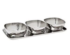 godinger silver art 4-piece 5 oz. 11" hammered stainless steel relish tray platter set with 3 square bowls