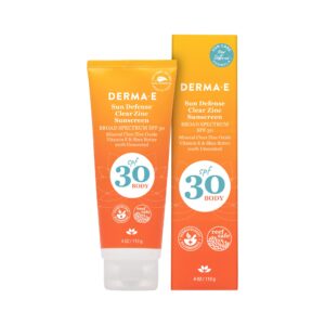 derma e sun defense mineral sunscreen spf 30 body – broad spectrum sun cream – fragrance free zinc oxide and titanium dioxide aging reducing protection, 4 oz