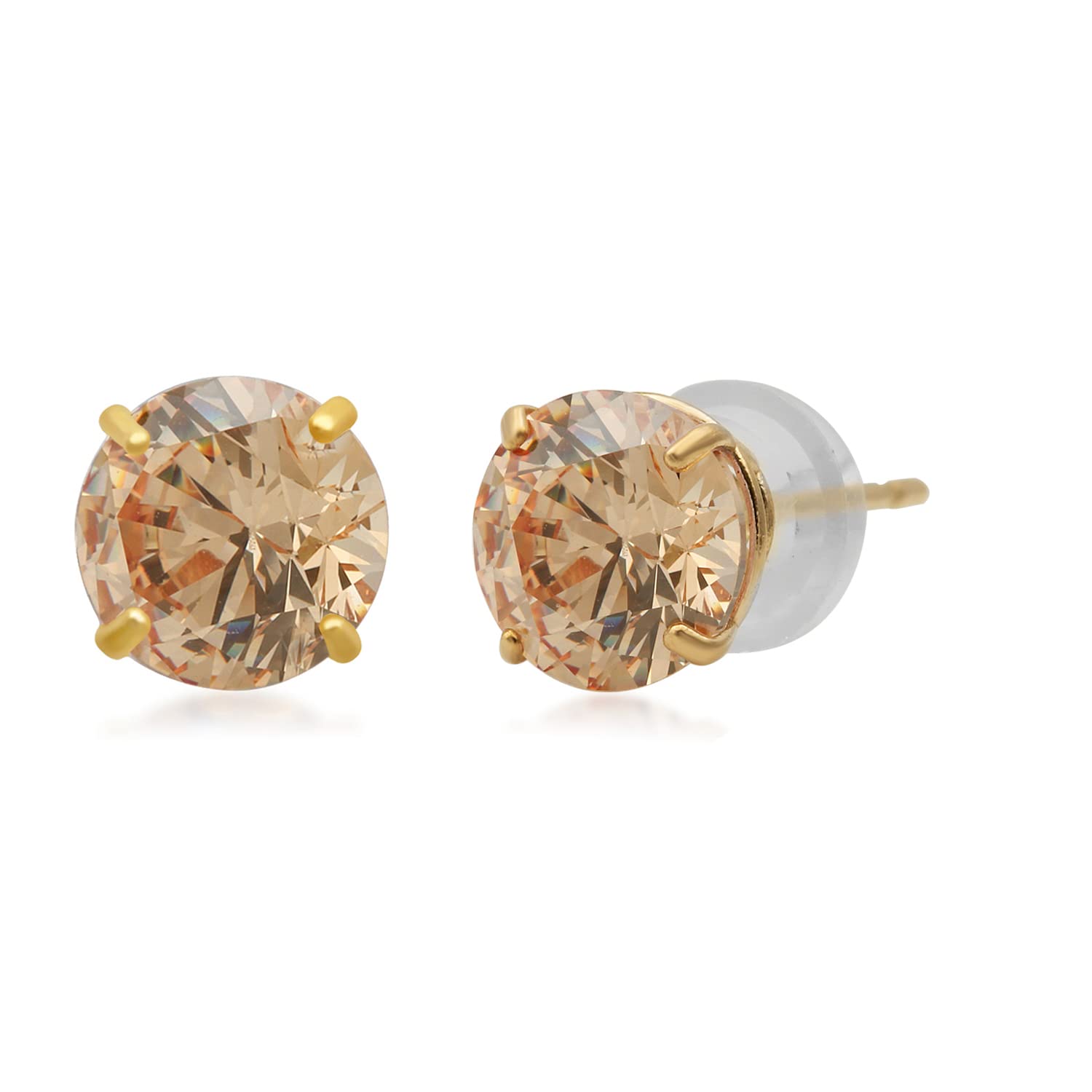 Jewelili Solitaire Stud Earrings in 10K Yellow Gold with 6MM Round Cut Champagne Cubic Zirconia