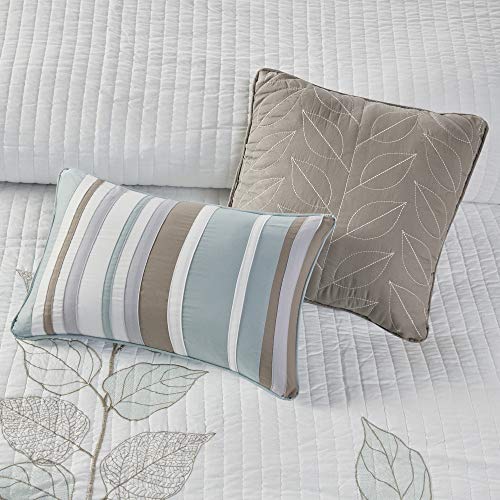 Madison Park Caelie Quilt Modern Classic Design All Season, Breathable Coverlet Lightweight Bedding Set, Matching Shams, Decorative Pillow, Full/Queen(90"x90"), Leaf Blue 6 Piece