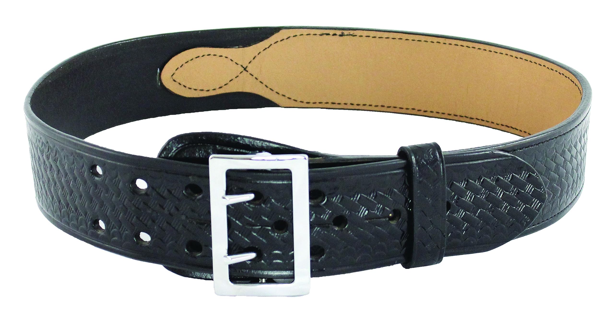 First Class Leather Sam Browne Duty Belt Police, Sheriff, and Security Half Leather-Lined, 2-1/4" Width Plain and Basketweave Duty Belt (38, Nickel Sam Browne Basketweave)