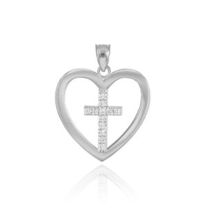 sideways crosses polished 14k white gold diamond cross in open heart charm pendant (white-gold)