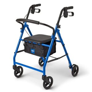 medline steel rollator walker for adult mobility impairment, blue, 350 lb. weight capacity, 6” wheels, foldable, adjustable handles, rolling walker for seniors