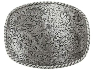 antique silver floral with rope edge western belt buckle