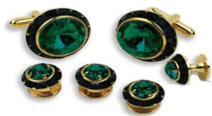 dark emerald stone center black austrian crystal tuxedo studs and cufflinks gold trim