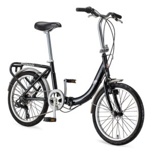 Schwinn Loop Adult Folding Bike for Men and Women, 20-inch Wheels, 7-Speed Drivetrain, Rear Cargo Rack, Carrying Bag, Black