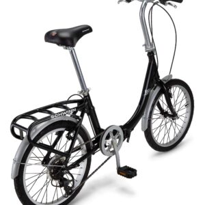 Schwinn Loop Adult Folding Bike for Men and Women, 20-inch Wheels, 7-Speed Drivetrain, Rear Cargo Rack, Carrying Bag, Black