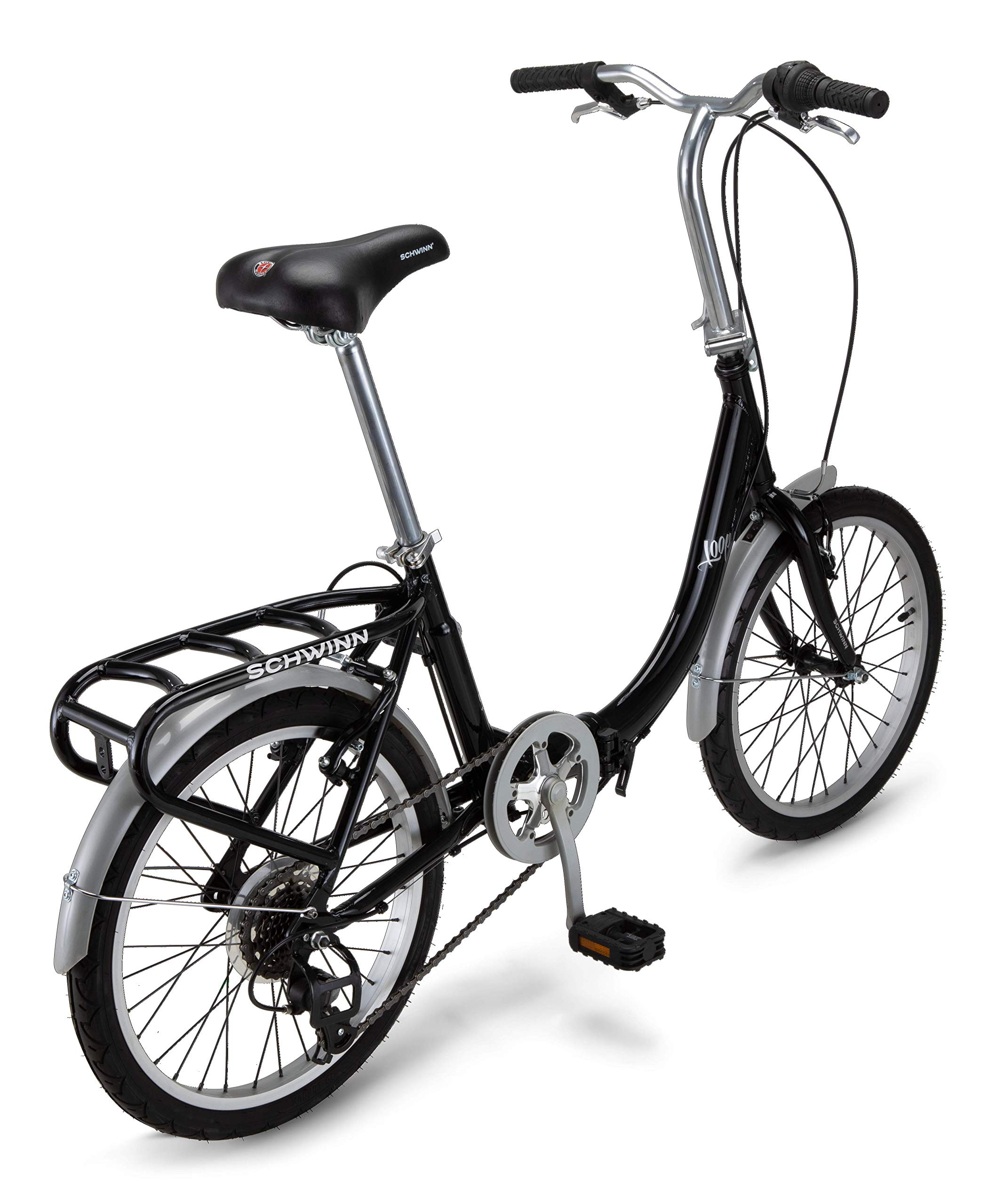 Schwinn Loop Adult Folding Bike for Men and Women, 20-inch Wheels, 7-Speed Drivetrain, Rear Cargo Rack, Carrying Bag, Black