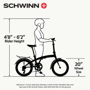 Schwinn Loop Adult Folding Bike for Men and Women, 20-inch Wheels, 7-Speed Drivetrain, Rear Cargo Rack, Carrying Bag, Black