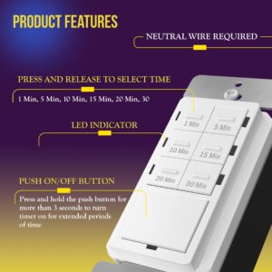 ENERLITES Countdown Timer Switch for Bathroom Fans and Lights, 1-30 Min, Neutral Wire Required, UL Listed, White