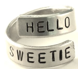 hello sweetie - dr. who ring hand stamped ring geek jewelry time lord aluminum ring