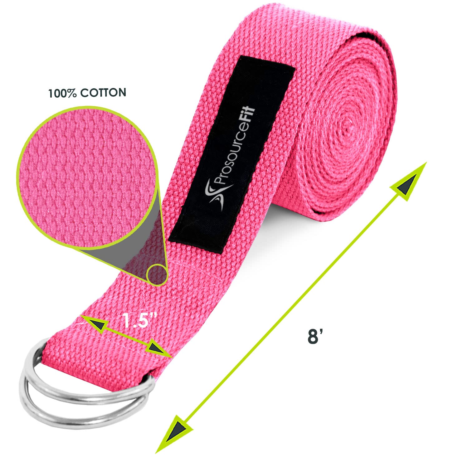 ProsourceFit Metal D-Ring Yoga Strap 8’ Durable Cotton for Stretching and Flexibility