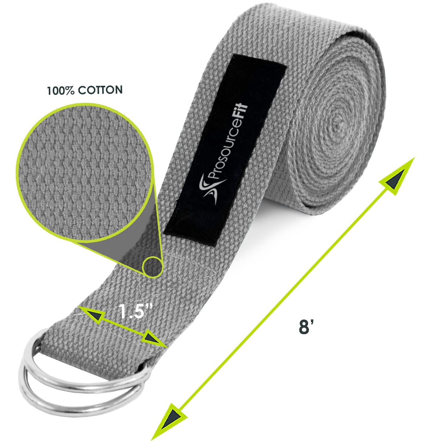 ProsourceFit Metal D-Ring Yoga Strap 8’ Durable Cotton for Stretching and Flexibility