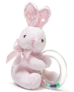 bearington baby cottontail plush stuffed animal pink bunny shaker toy ring rattle, 5.5"