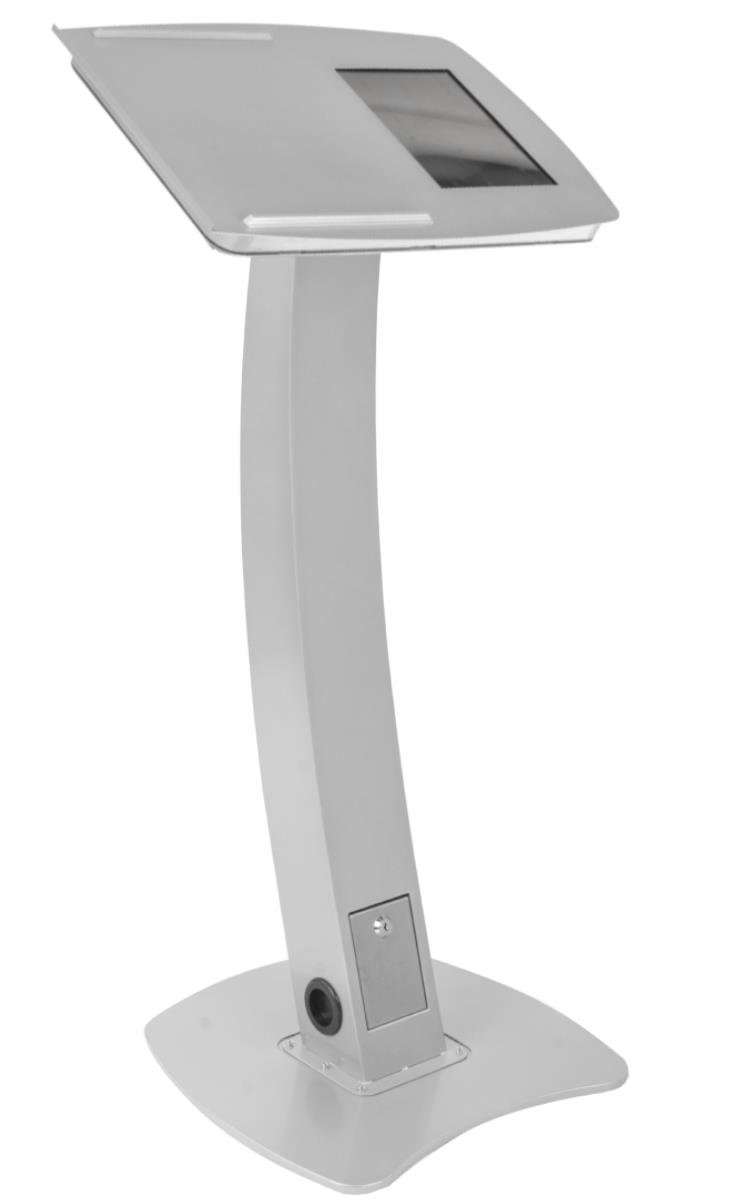 Displays2go iPad Lectern Stand for Floor, Hinged Enclosure Fits iPad Generations 2-4 and Air, Aluminum & Steel (Silver Steel)