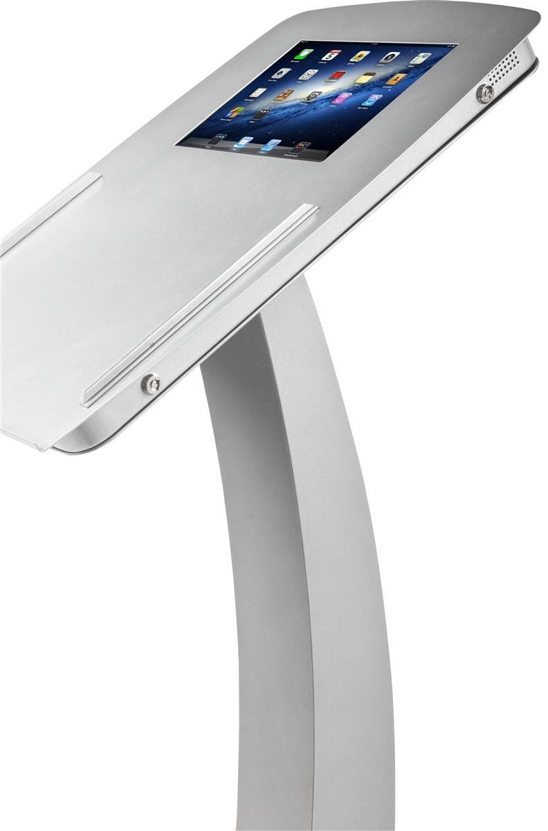 Displays2go iPad Lectern Stand for Floor, Hinged Enclosure Fits iPad Generations 2-4 and Air, Aluminum & Steel (Silver Steel)