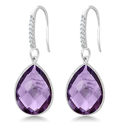 Gem Stone King 925 Sterling Silver Purple Amethyst Earrings | 13.00 Cttw | Gemstone Birthstone | Pear Shape 16X12MM | Drop Dangle Teardrop Earrings For Women