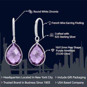 Gem Stone King 925 Sterling Silver Purple Amethyst Earrings | 13.00 Cttw | Gemstone Birthstone | Pear Shape 16X12MM | Drop Dangle Teardrop Earrings For Women