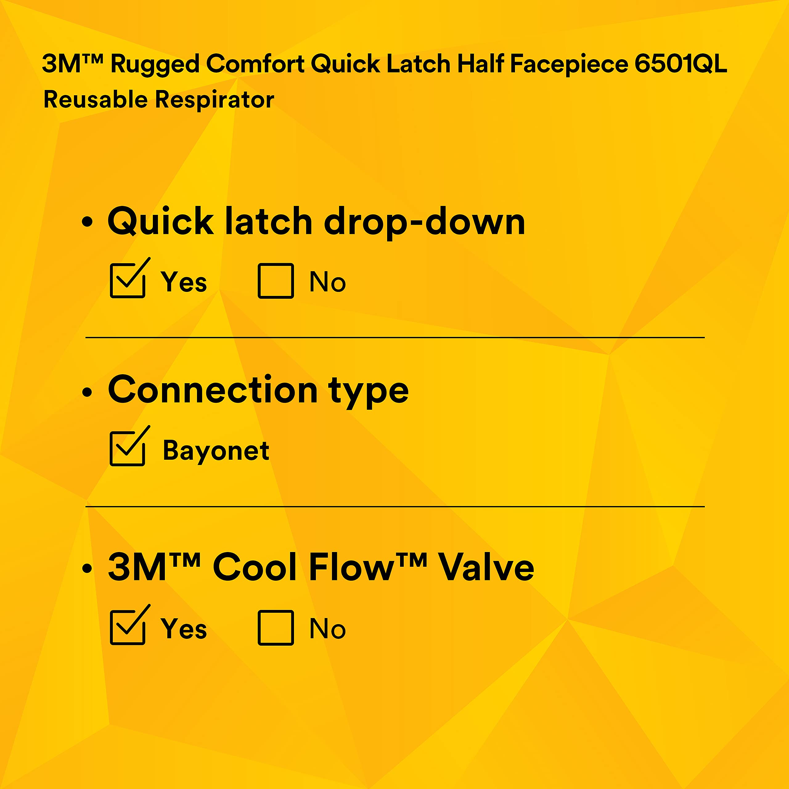 3M Rugged Comfort Quick Latch Half Facepiece Reusable Respirator 6501QL, NIOSH, Cool Flow Exhalation Valve, Bayonet Connection, Silicone Face Seal, Gases, Vapors, Dust, Maintenance, Construction, S