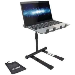 pyle portable folding laptop stand - standing table with adjustable angle, foldable height and four prong anti-slip tray for ipad, tablet, dj mixer, workstation, gaming and home use - plpts55